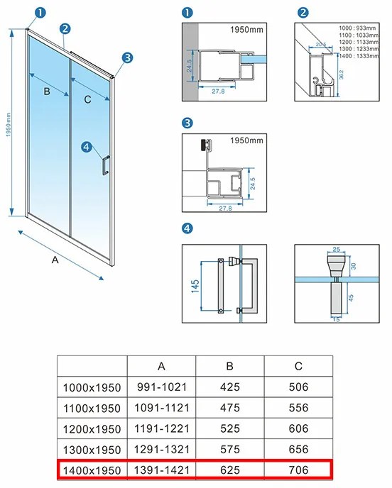 BPS-koupelny Posuvné sprchové dveře HYD-PD14E 140 chrom/transparent pro instalaci do niky - bez vaničky