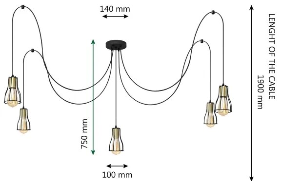 Lustr na lanku TUBE 5xE27/15W/230V pavouk černá/zlatá