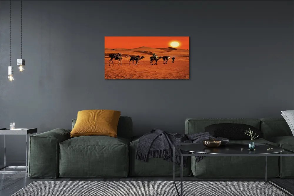 Obrazy na plátně Velbloudi lidí pouštní slunce nebe 120x60 cm