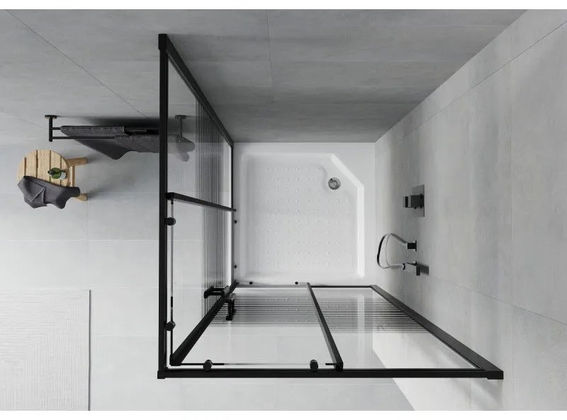 Mexen Rio, čtvercový sprchový kout 90(dveře)x90(dveře)x190 cm, 5mm čiré sklo-vzor pásky, černý profil + bílá sprchová vanička RIO, 860-090-090-70-20-4510