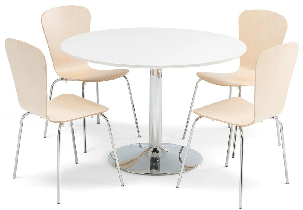 AJ Produkty Jídelní set Lily + Milla: stůl Ø 1100 mm, bílá/chrom + 4 židle, bříza