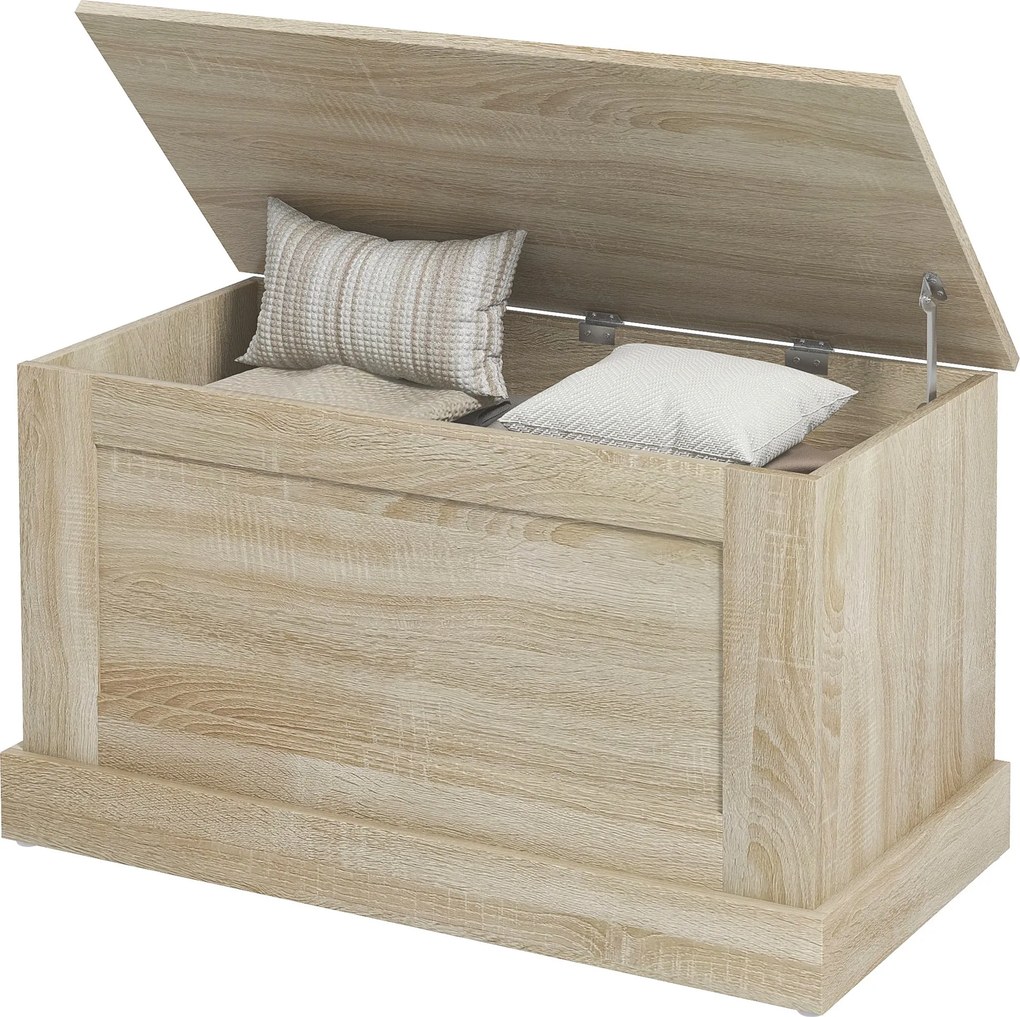HOMCOM Dřevěný Úložný Truhla, Hračková Truhla s Bezpečnostním Pántem, pro Obývací Pokoj a Předsíň, 80 x 40 x 45 cm, Přírodní Dřevo