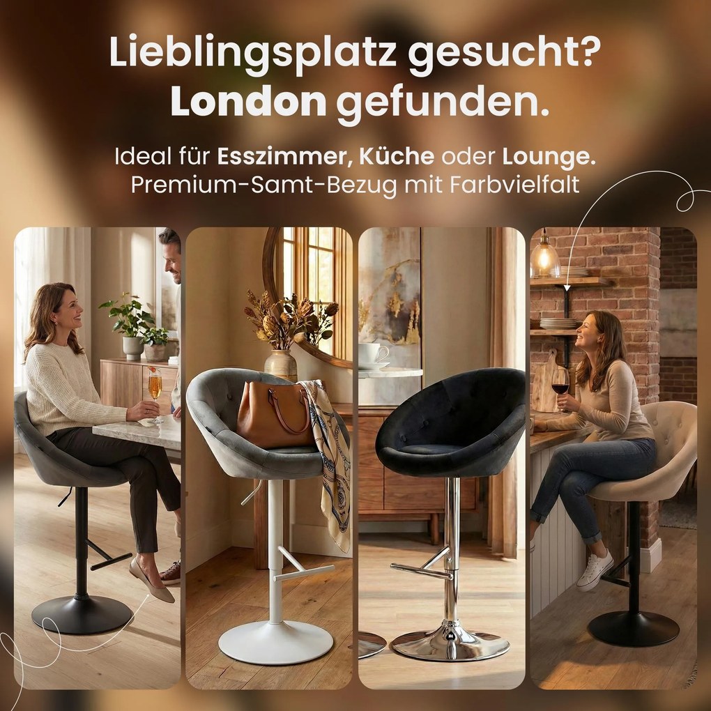 Barová židle London samet - černý rám - tmavě šedá