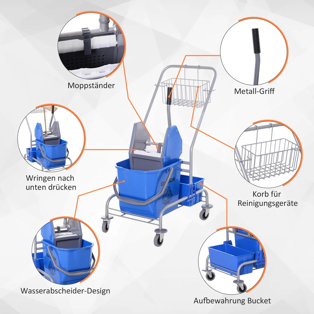 HOMCOM Úklidový vozík, vozík na mop, objem 25 l, 4 kolečka, plast, modrý