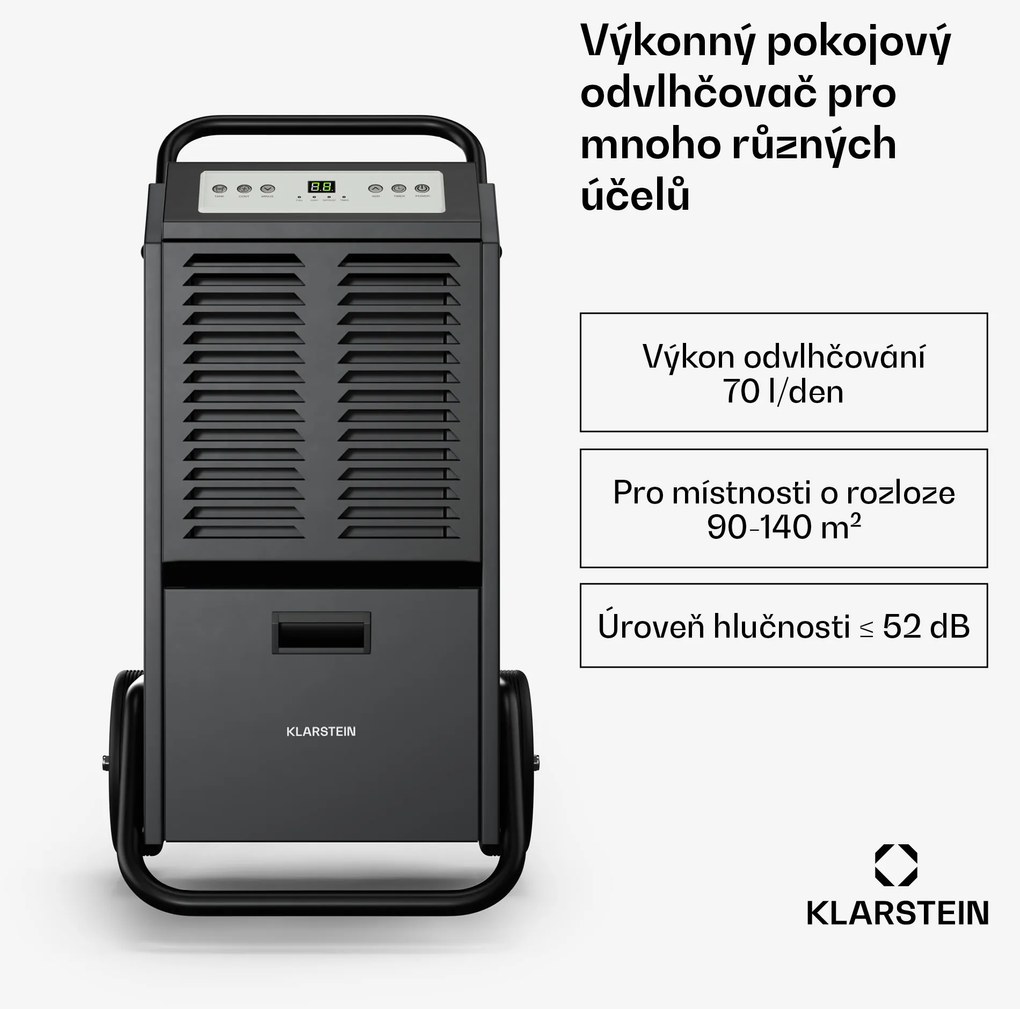 Klarstein DuraDry 70L odvlhčovač vzduchu, 70 l/den, 60-100 m², nerezová ocel, mobilní, 450 m³/h