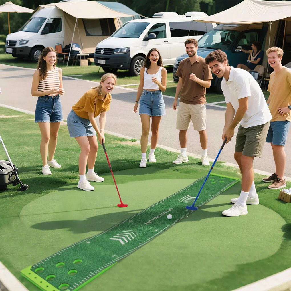 Costway 332 cm golfová podložka s 2 nastavitelnými holemi a 6 míčky golfová