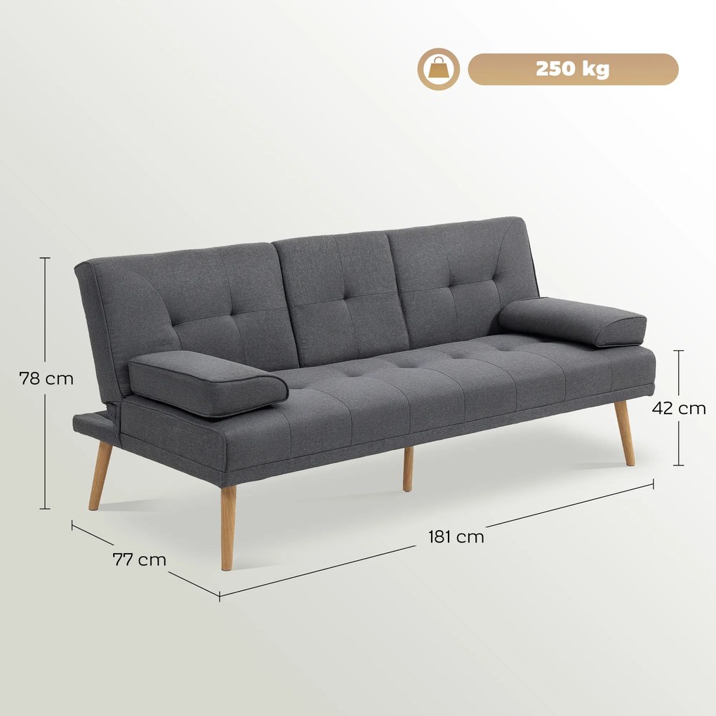 Rozkládací pohovka HOMCOM Třímístná rozkládací pohovka s rozkládacím stolkem a držákem na nápoje, skandinávský design v tmavě šedé barvě, nosnost až …
