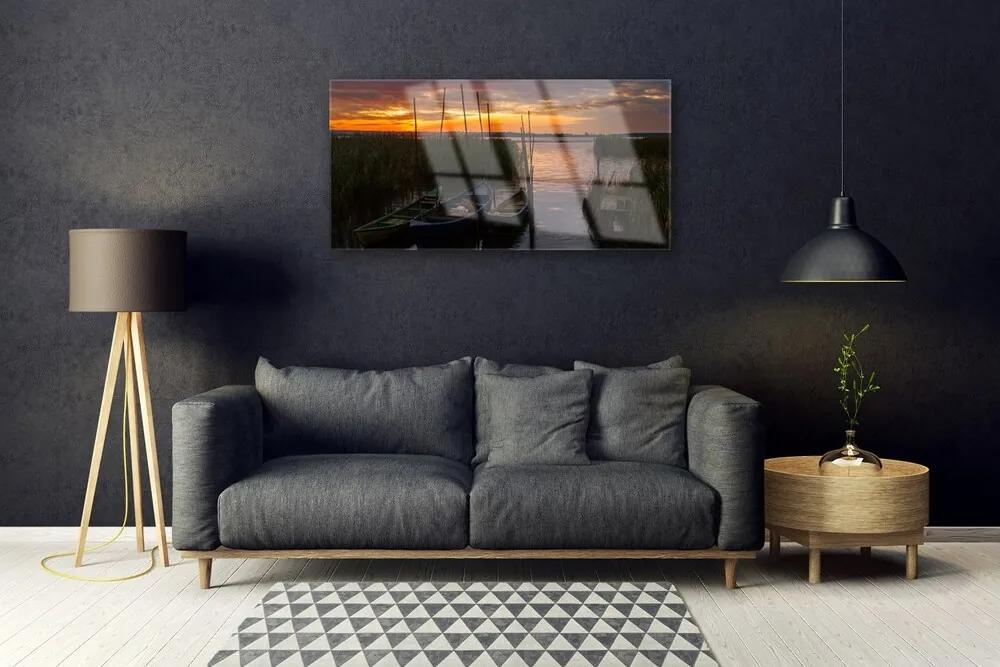 Obraz na skle Loďky Moře Tráva Krajina 125x50 cm