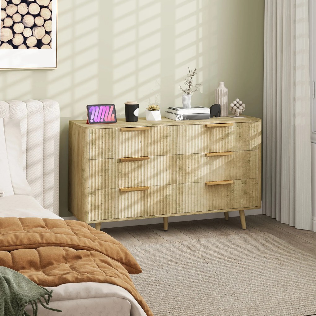 HOMCOM Komoda se 6 zásuvkami do ložnice s pruhovaným designem a dřevěnými nohami, příborník do obývacího pokoje a chodby 62x35x105 cm Dub