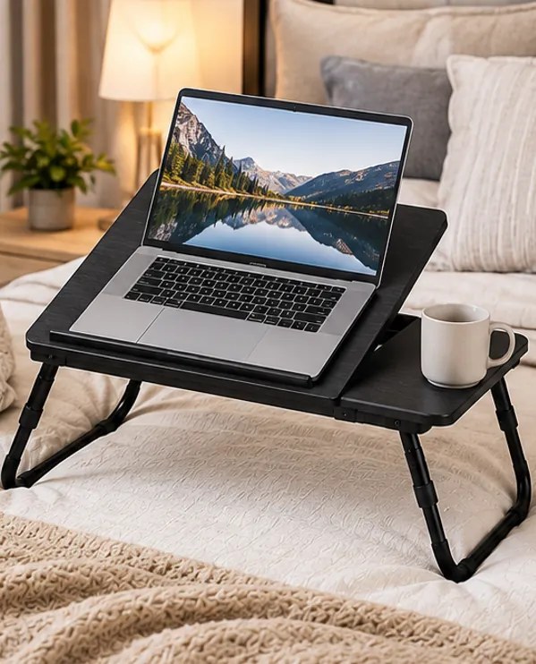 stolek na notebook, držák na tablet, skládací, MDF/kov, 60x35x20 cm, černá, Tempo Kondela EVALD