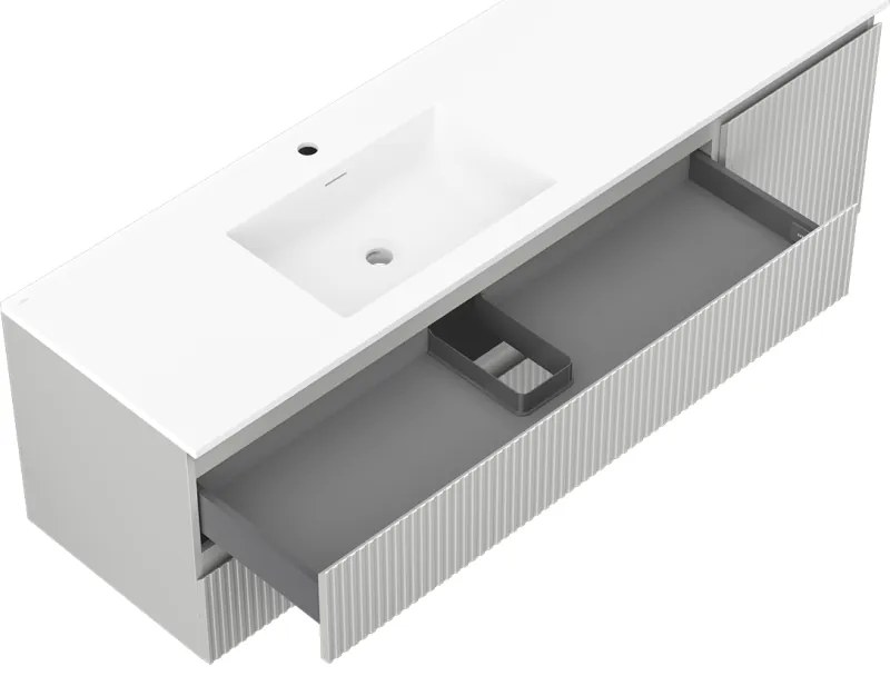 Mexen Rivel, koupelnová skříňka 160 cm s levým umyvadlem Otis, 2S, 1D, drážkovaná, šedá matná/bílá matná - 91A23-16047-3-BBFFF62-W18L01