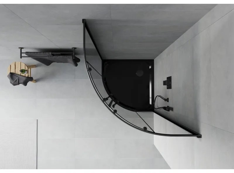 Mexen Rio, čtvrtkruhový sprchový kout s posuvnými dveřmi 90 (dveře) x 90 (dveře) x 190 cm, 5mm šedé sklo, černý profil + černá sprchová vanička Slim, 863-090-090-70-40-4170B