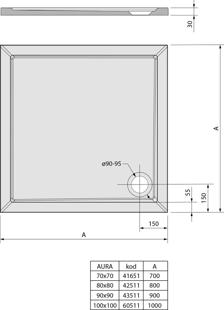 Polysan Aura sprchová vanička 90 x 90 m  litý mramor bílá  litý mramor