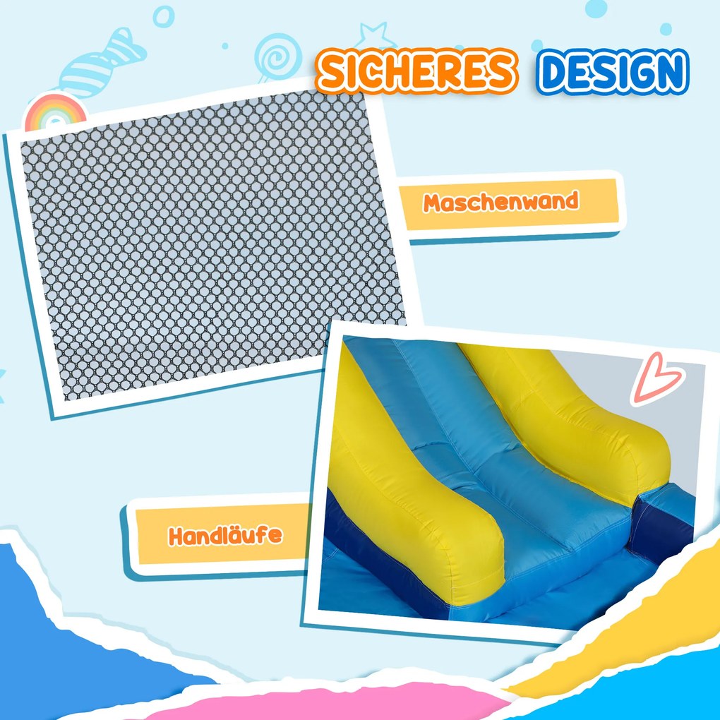 AIYAPLAY 5 v 1 skákací hrad s ventilátorem, rychle nafukovatelný, nosnost až 90 kg, pro děti 3-8 let, 3,6x2,5x1,95 m, vícebarevný