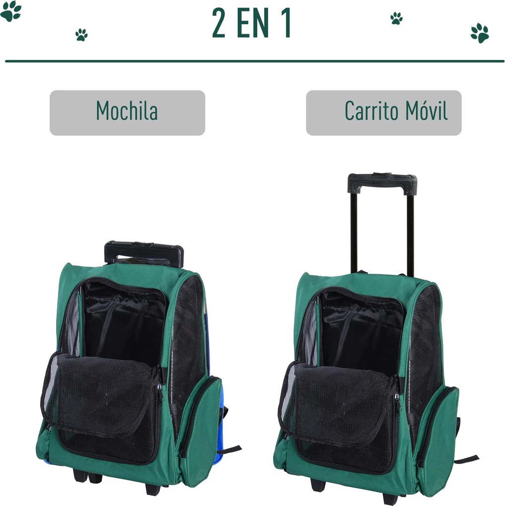 PawHut 2v1 nosič pro domácí mazlíčky - batoh nebo vozík na cestování pro psy a kočky s 2 koly, sklopná hliníková rukojeť a kapsy 42x25x55 cm Zelená