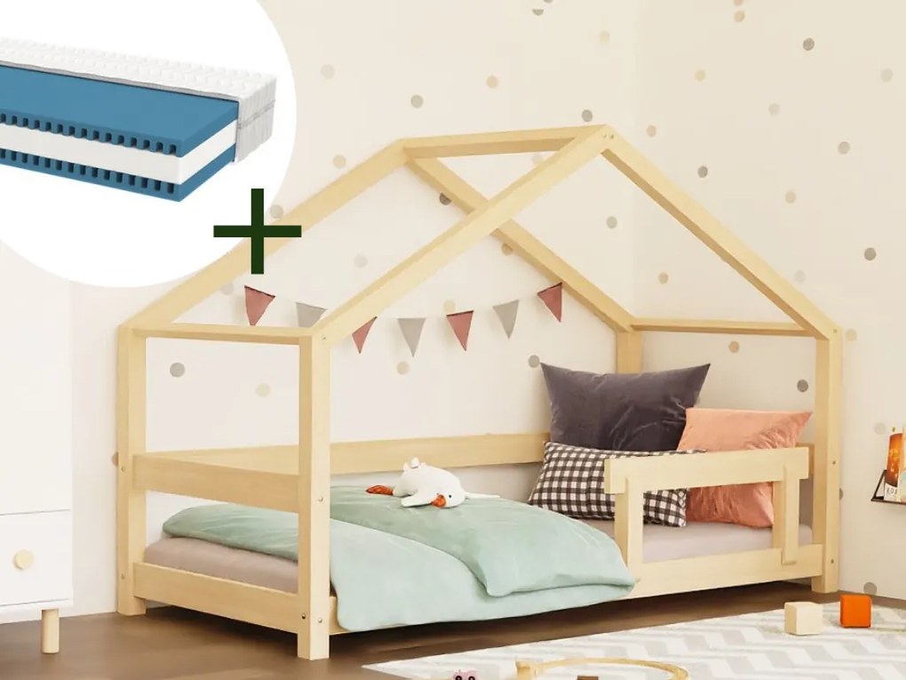 Benlemi Domečková postel LUCKY 90x200 cm + matrace METROPOLIS Zvolte barvu: Pastelově růžová, Zvolte zábranu: Se dvěma zábranami