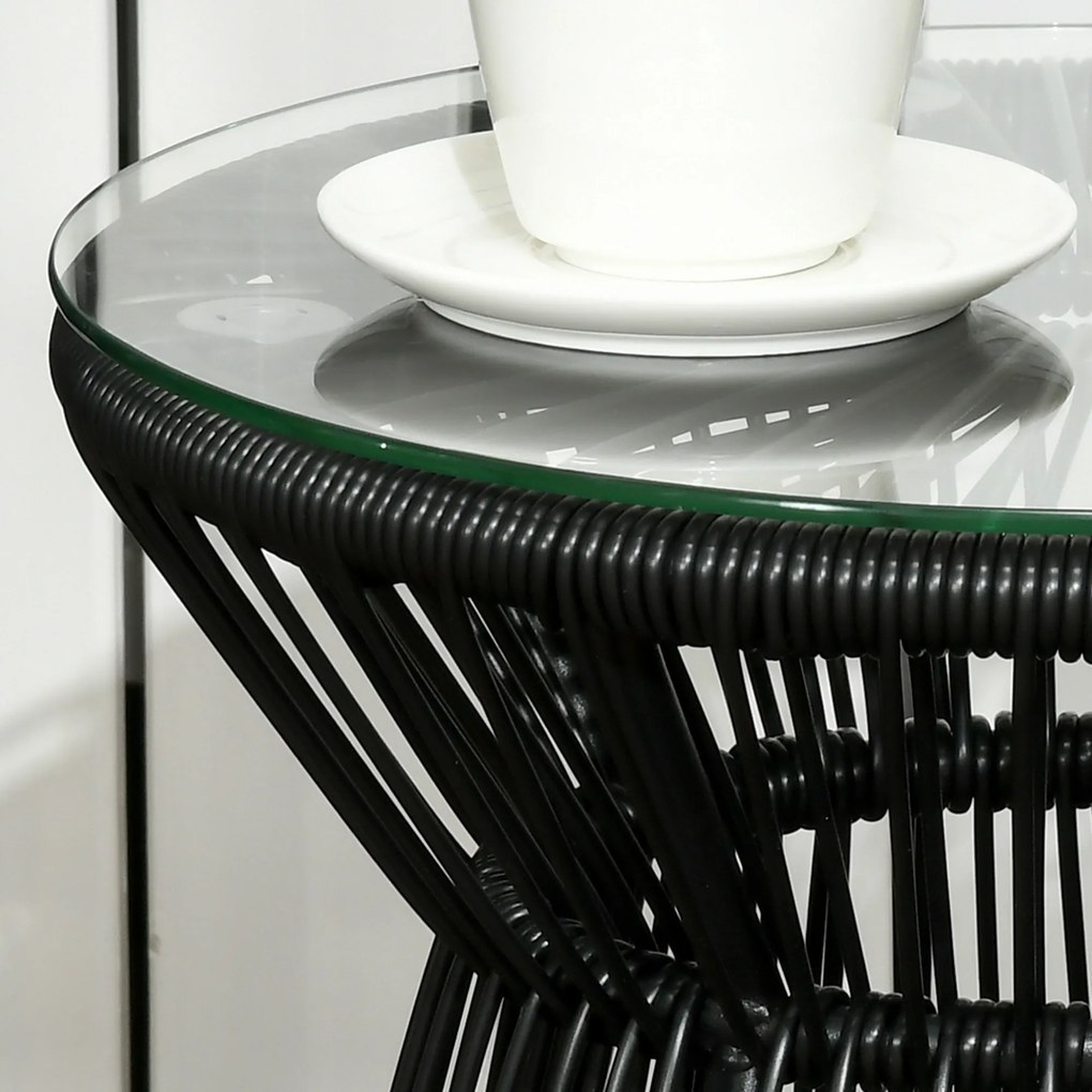 Zahradní stůl Outsunny kulatý s designem dutého bubnu, bistro stůl se skleněnou deskou, černý konferenční stolek na zahradu a balkon |