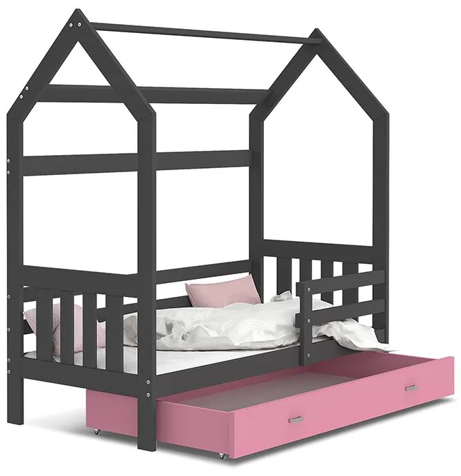 BabyBeds Dětská postel domeček se zábranou a úložným prostorem šedá Velikost postele: 190x80 cm, Barva šuplíku: Bílá