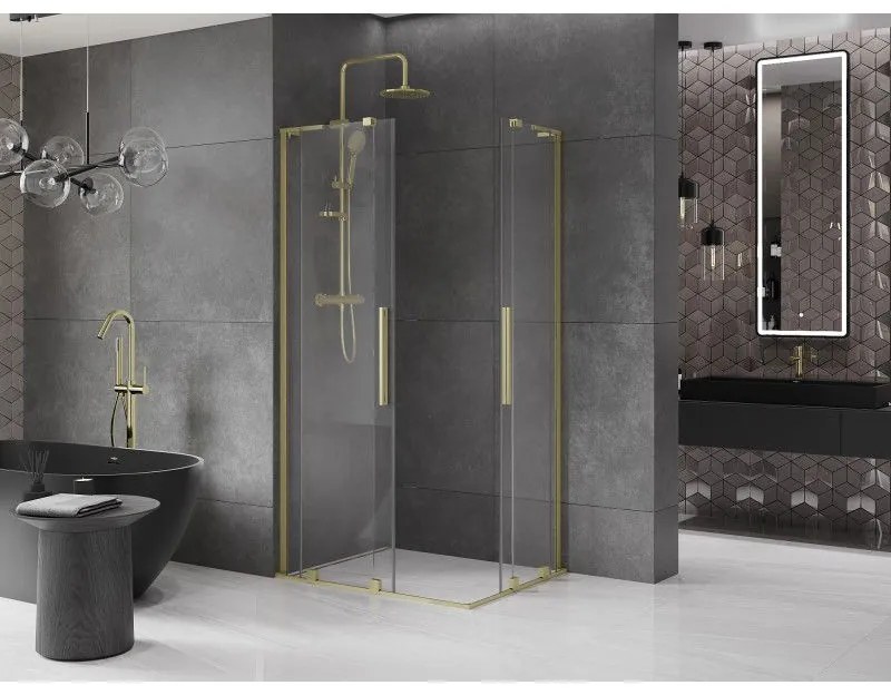 Mexen Velar L Duo, sprchový kout s posuvnými dveřmi 100 x 90 cm, 8mm čiré sklo, zlatá matná, 871-100-090-02-03-55