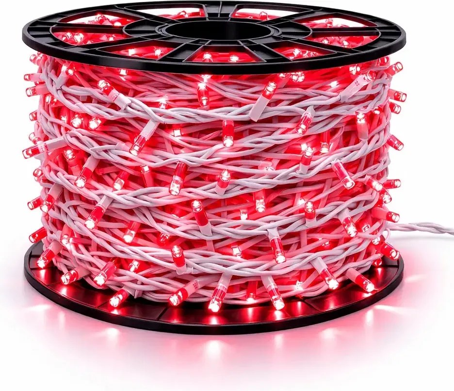 Easy Fix LED světelný řetěz, 100 m, venkovní, červený, 2000 diod, bílý kabel, IP44, cívka