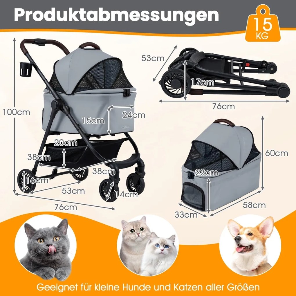 Costway 3 v 1 Pet Buggy s odnímatelným nosičem a nastavitelnou síťovanou