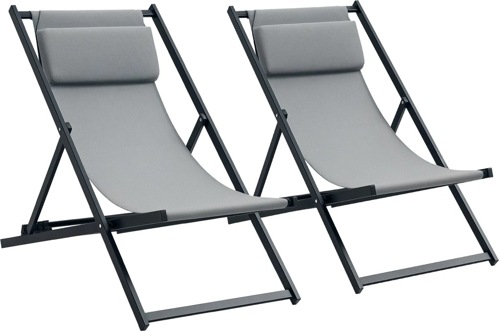 Outsunny Sada 2 skládacích hliníkových lehátek s nastavitelným opěradlem a podhlavníky na terasu, patio, venku 58x96,5x91,5 cm Tmavě šedá | Aosom