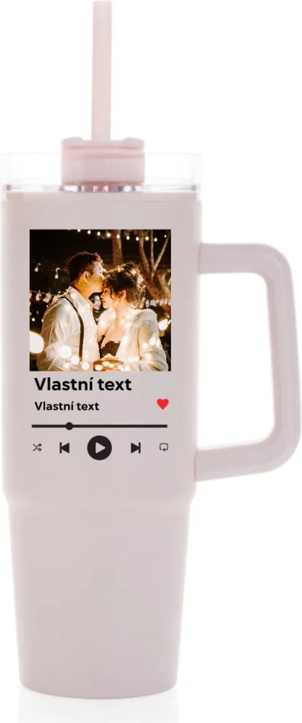 Personalizovaná cestovní termoska s průhledným víčkem s motivem přehrávače