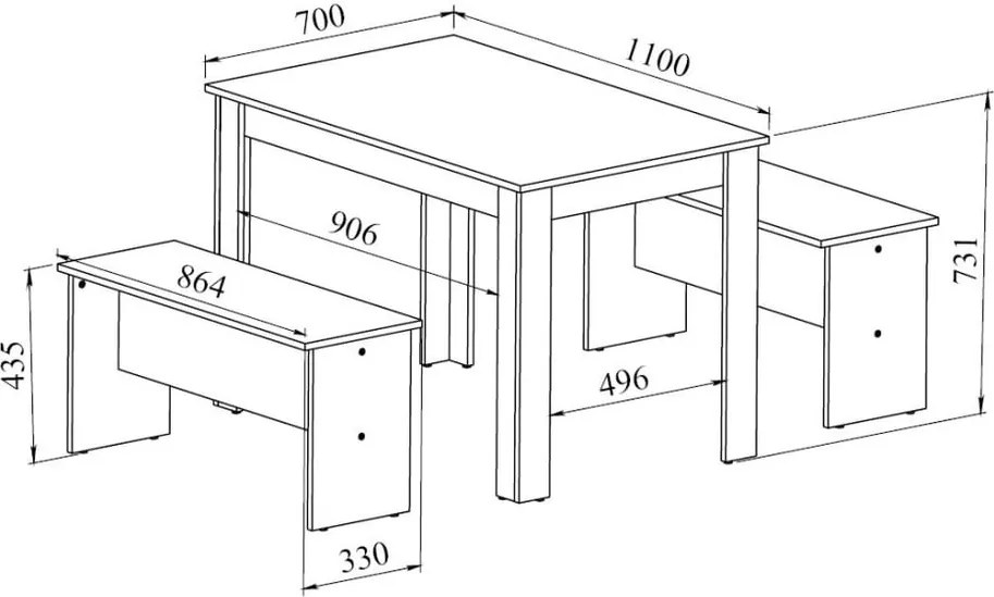 Set černého jídelního stolu a 2 lavic s deskou v dekoru betonu TemaHome Nice