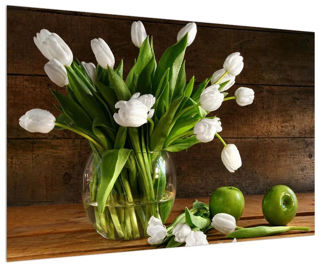 Obraz bílých tulipánů ve váze (90x60 cm)