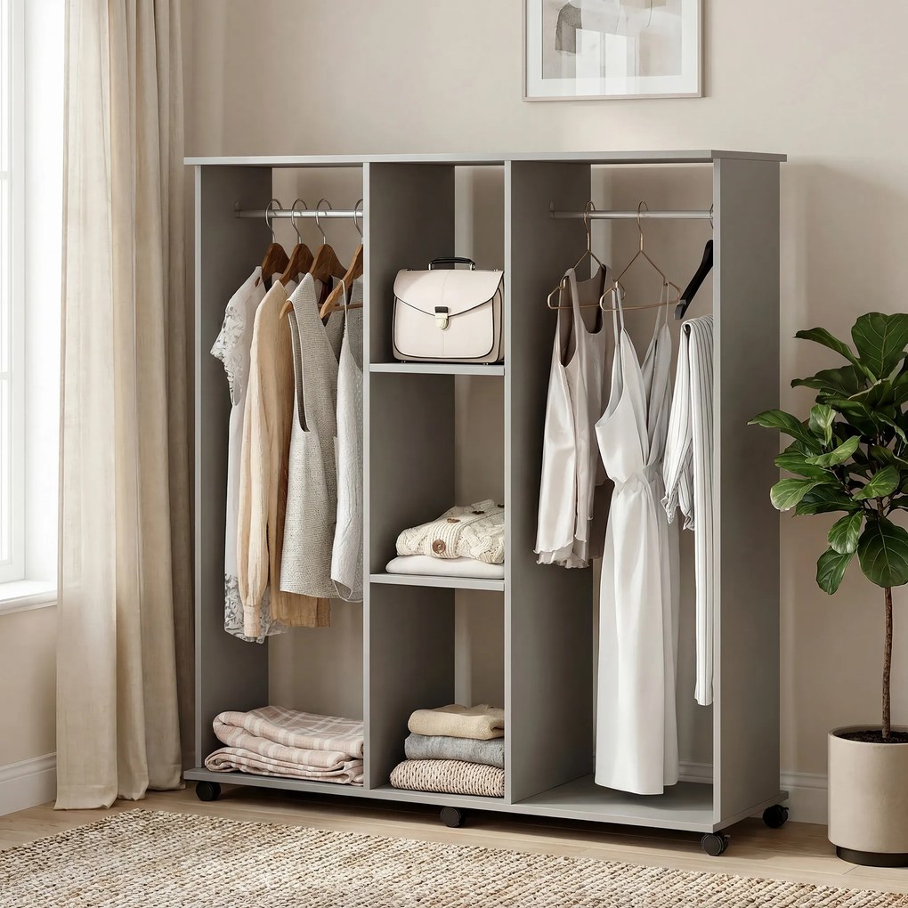 HOMCOM Šatní skříň s tyčí na oblečení, mobilní úložný nábytek 6 koleček 120 x 40 x 128 cm, šedá