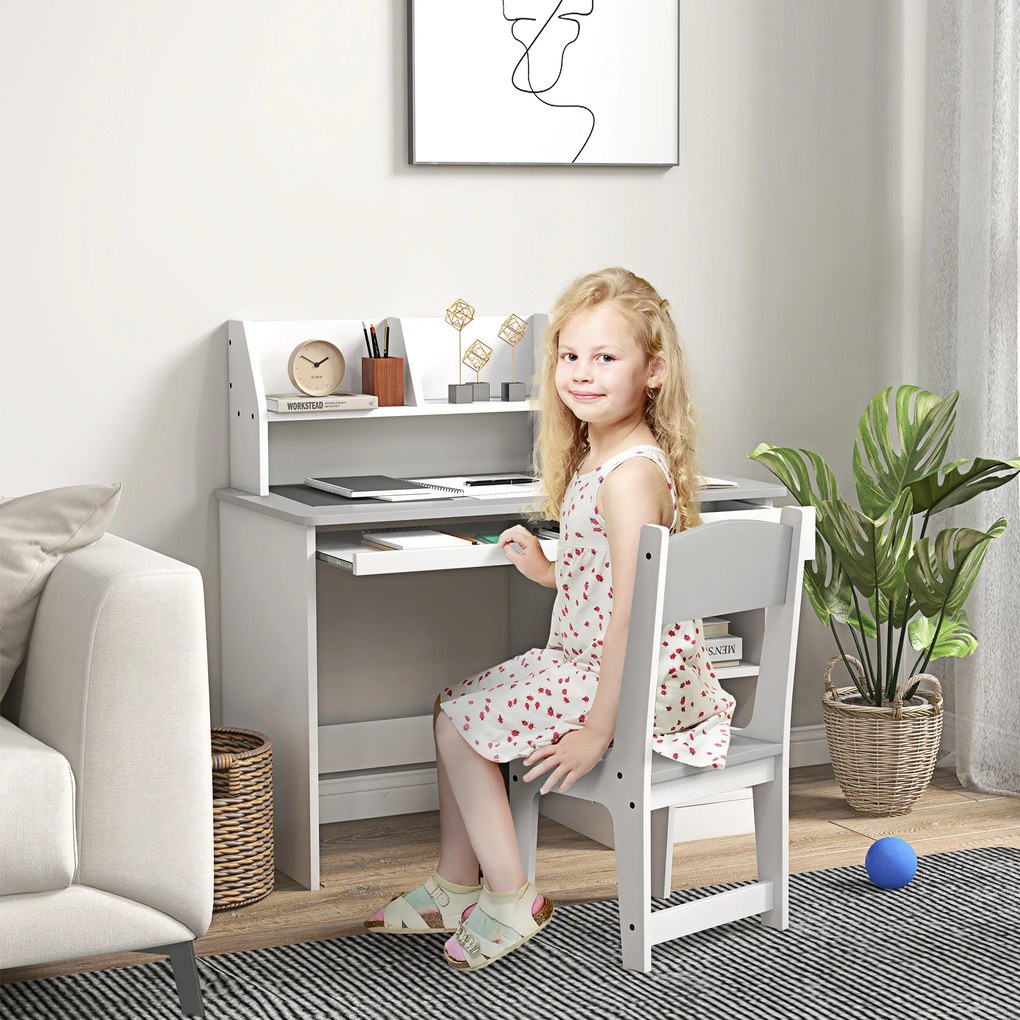 ZONEKIZ dětský psací stůl s ergonomickou židlí s vysouvací přihrádkou na klávesnici, nikami a otevřenými policemi, 90 x 45 x 90 cm šedý