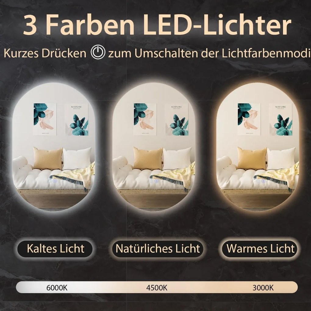 Costway LED nástěnné zrcadlo oválné stmívatelné koupelnové zrcadlo – 80 × 50 cm