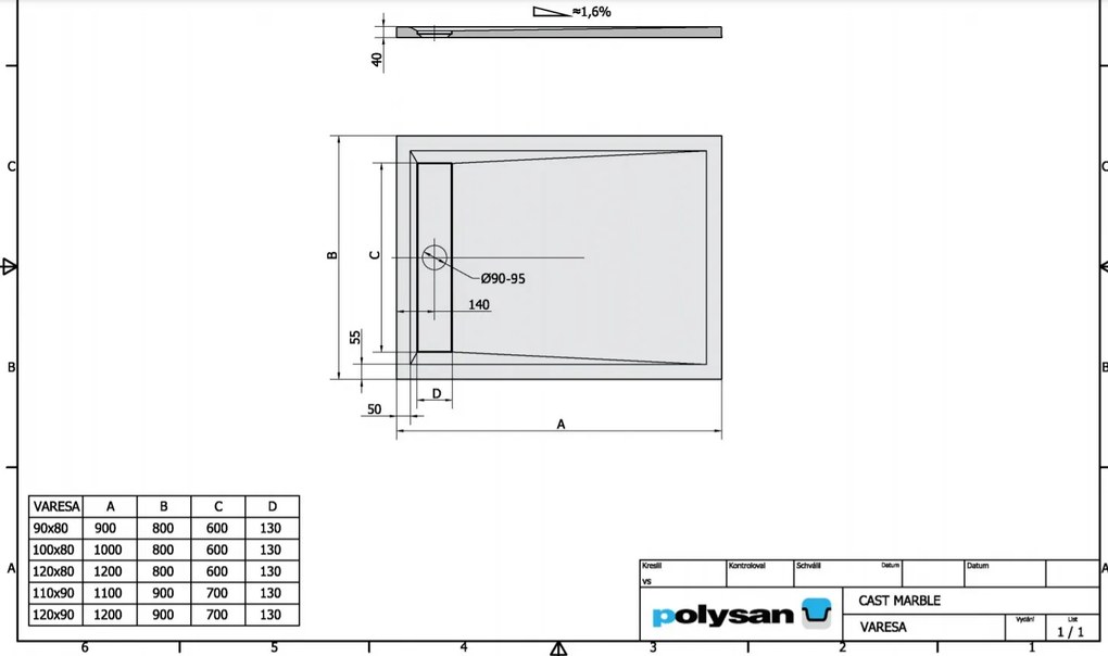 Polysan VARESA sprchová vanička z litého mramoru se záklopem, obdélník 120x80x4cm, bílá, 71604