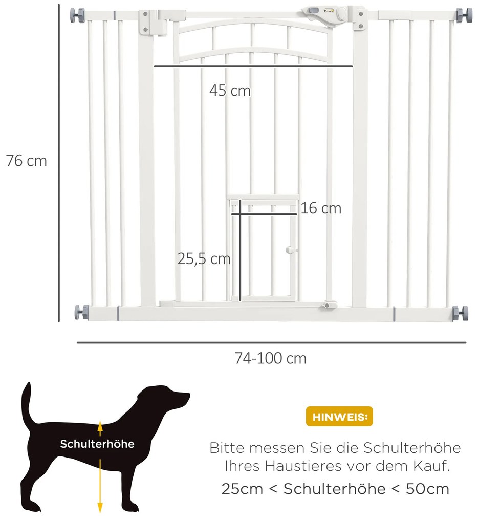 Schodišťová branka PawHut pro psy s automatickým zavíráním a klapkou pro kočky, bez vrtání, 74-100 cm, bílá