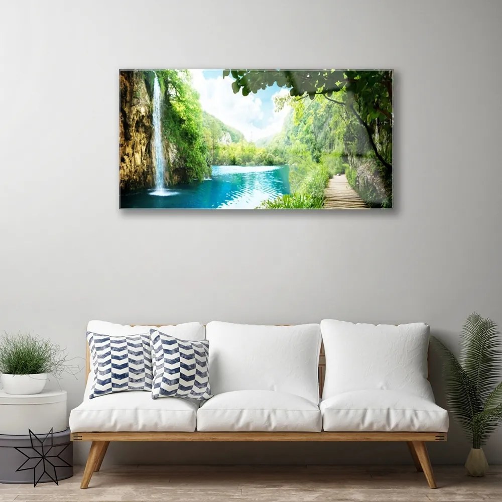 Obraz na skle Vodopád Jezero Příroda 120x60 cm