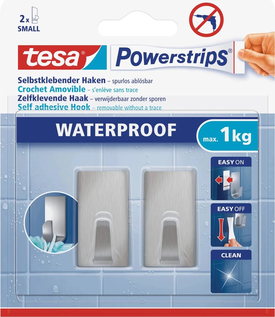 tesa Samolepicí háčky Powerstrips Waterproof malé obdélníkové, nerez. ocel, 2 ks