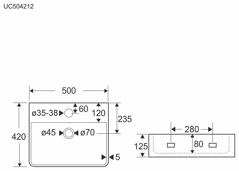 Mereo umyvadlo na desku i zavěšení s přepadem 50 x 42 x 12,5 cm, keramika bílá UC504212P