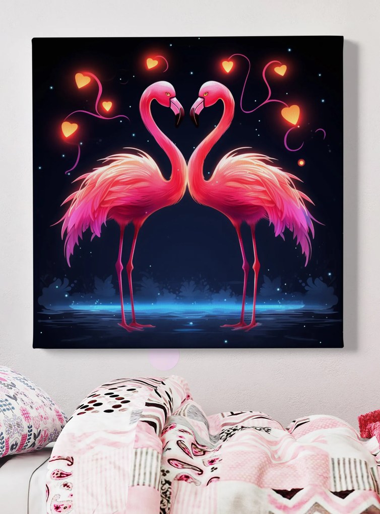 Obraz na plátně - Plameňáci, zamilovaný růžový pár se svítícími srdci FeelHappy.cz Velikost obrazu: 100 x 100 cm