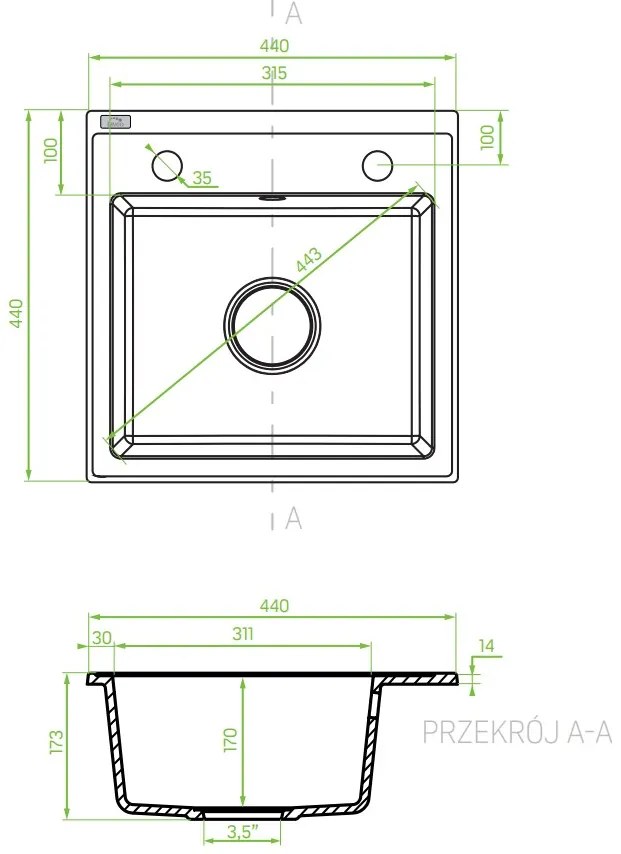 Laveo Trzynastka, 1-komorový granitový dřez 440x440x173 mm, černá skvrnitá, LAV-SBP_710T