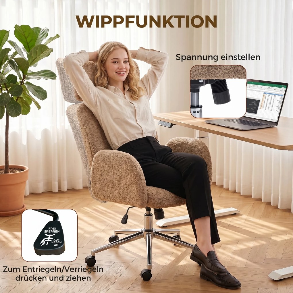 HOMCOM Bouclé kancelářské křeslo do home office – nastavitelná opěrka hlavy, houpací funkce, hnědé