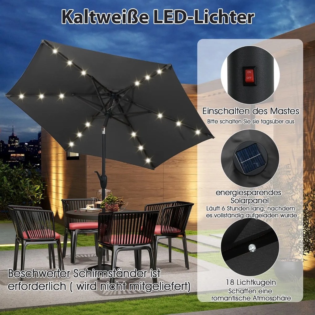 Costway Slunečník 230 cm s LED solárním osvětlením a klikou market, šedá
