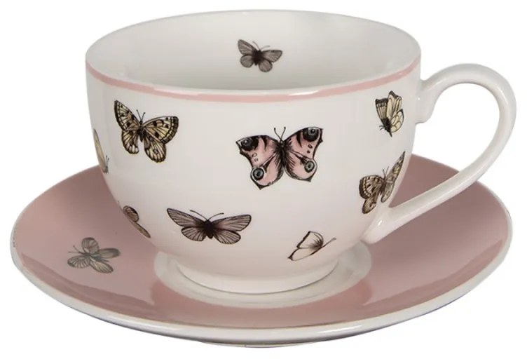 Růžovo-bílý porcelánový šálek s podšálkem s motivem motýlků Butterfly paradise – 200 ml