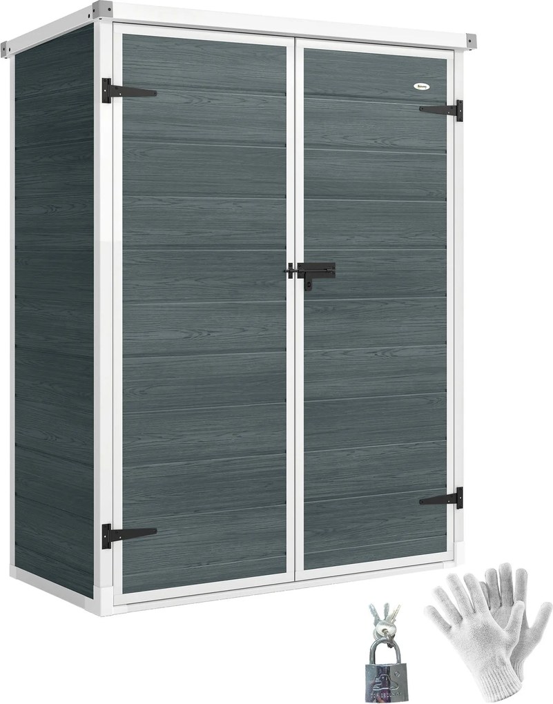 Outsunny zahradní domek 0,81 m² — 134 x 68,5 x 170 cm, plastový domek s integrovanou podlahou, 2 sklápěcí police, dvoukřídlé dveře se zámkem, šedý dře