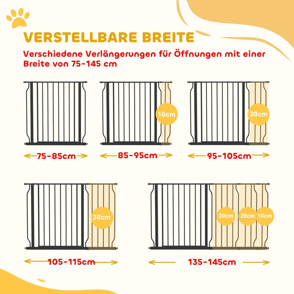Bezpečnostní branka pro psy PawHut, 75-145 cm, nastavitelná, otevírání do dvou směrů, dvojité zamykání, montáž bez vrtání, ABS, ocel, černá| Aosom