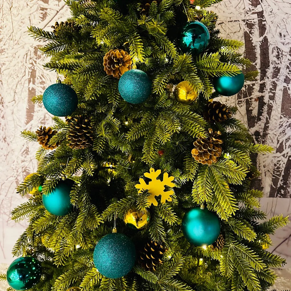 Sada vánočních ozdob paví zelená 10 cm plastová koule glitter, balení 6 ks