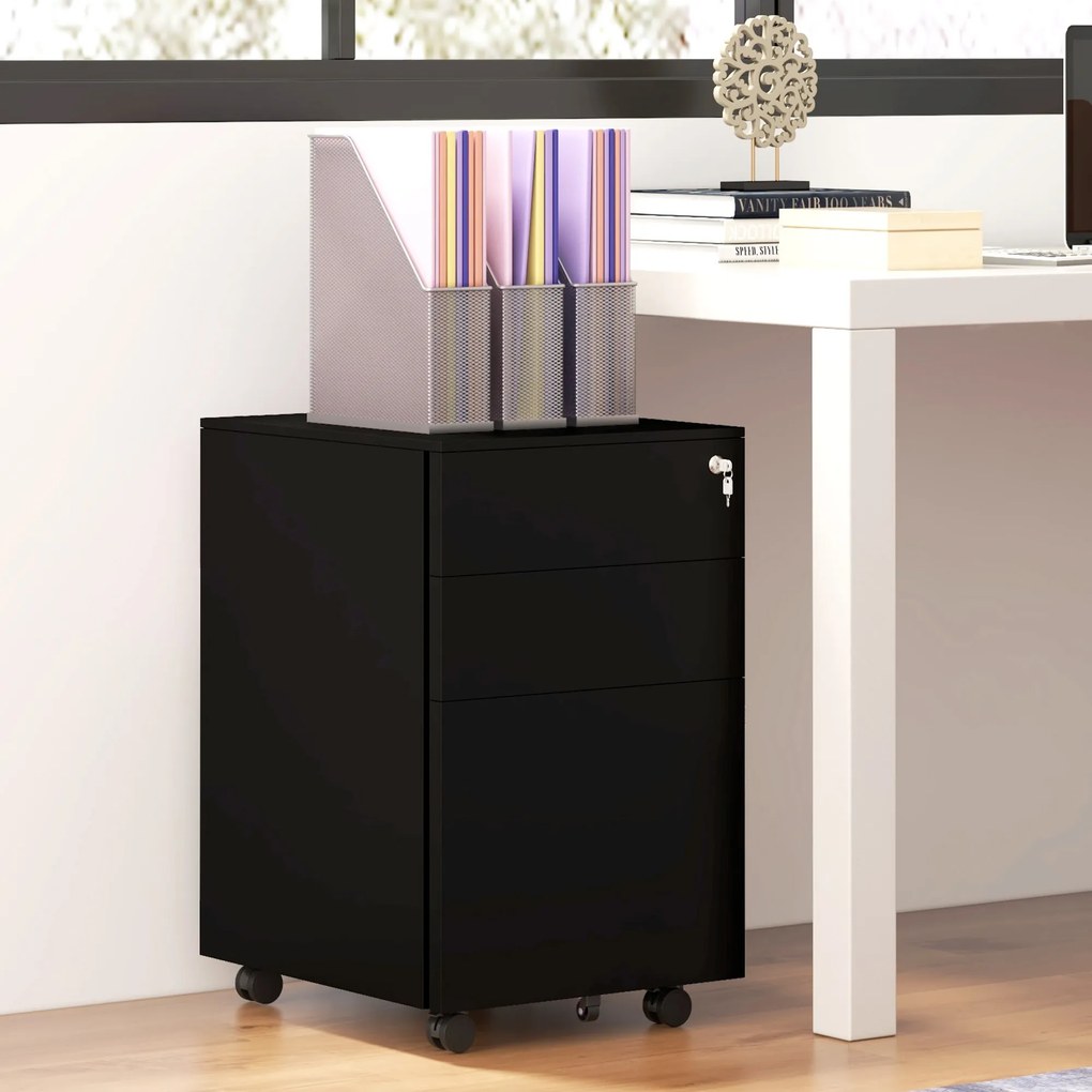 Vinsetto skříň na dokumenty uzamykatelná se zásuvkami 37L x 43,5W x 60H cm pojízdná s brzdami 3stupňová nastavitelná ocelová tyč černá