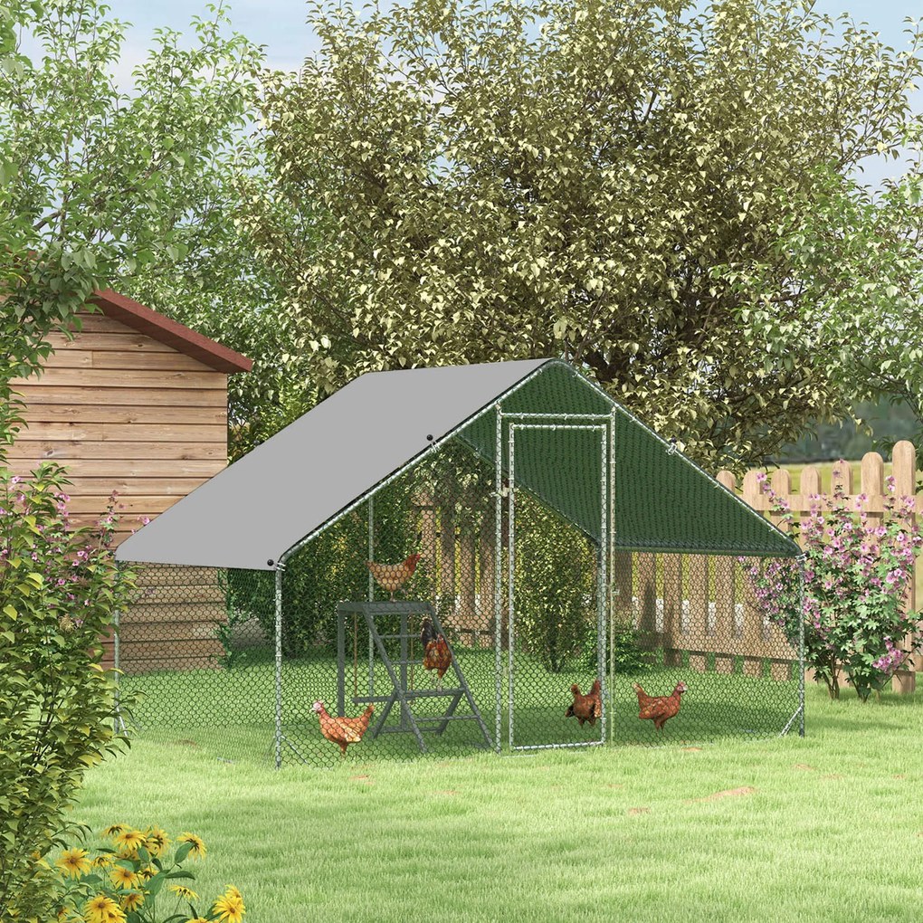 Ocelový kurník PawHut pro volný chov kuřat, 300 x 200 cm, klec pro kuřata s víkem, dvířka, výběh pro 4-6 kuřat, malá zvířata, stříbrný