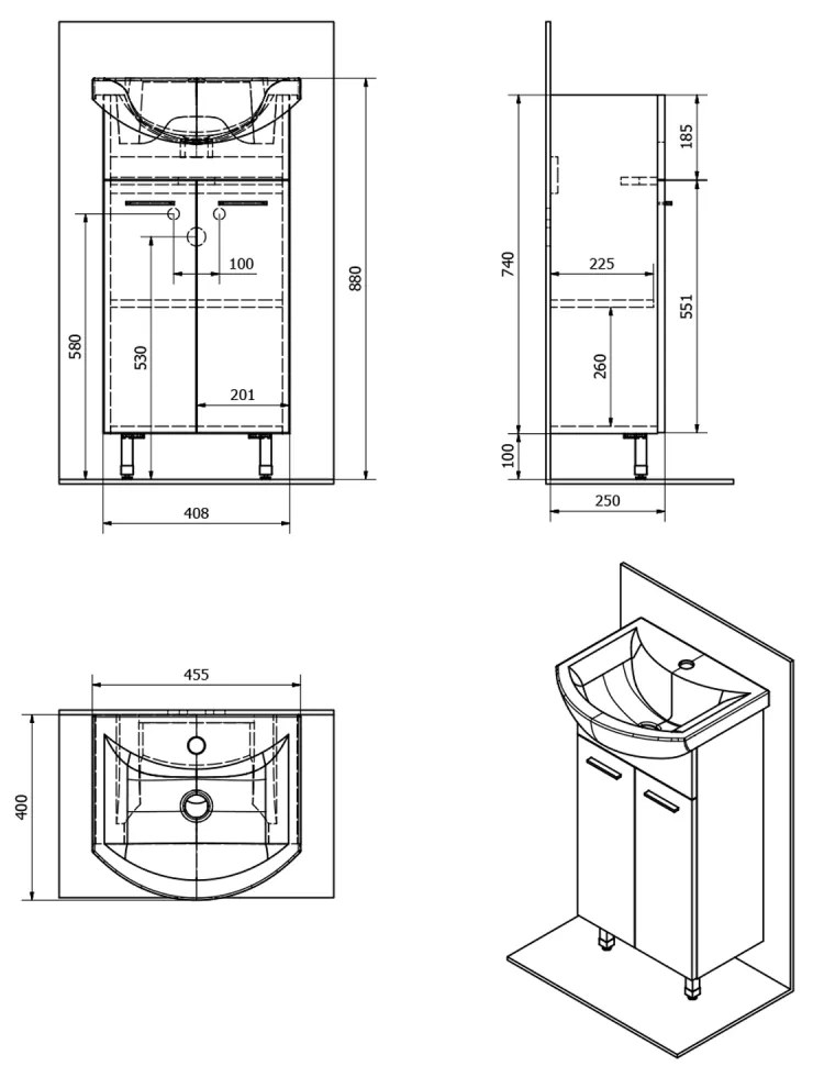 Aqualine ZOJA umyvadlová skříňka 41,5x74x25,3cm, dub platin 51144