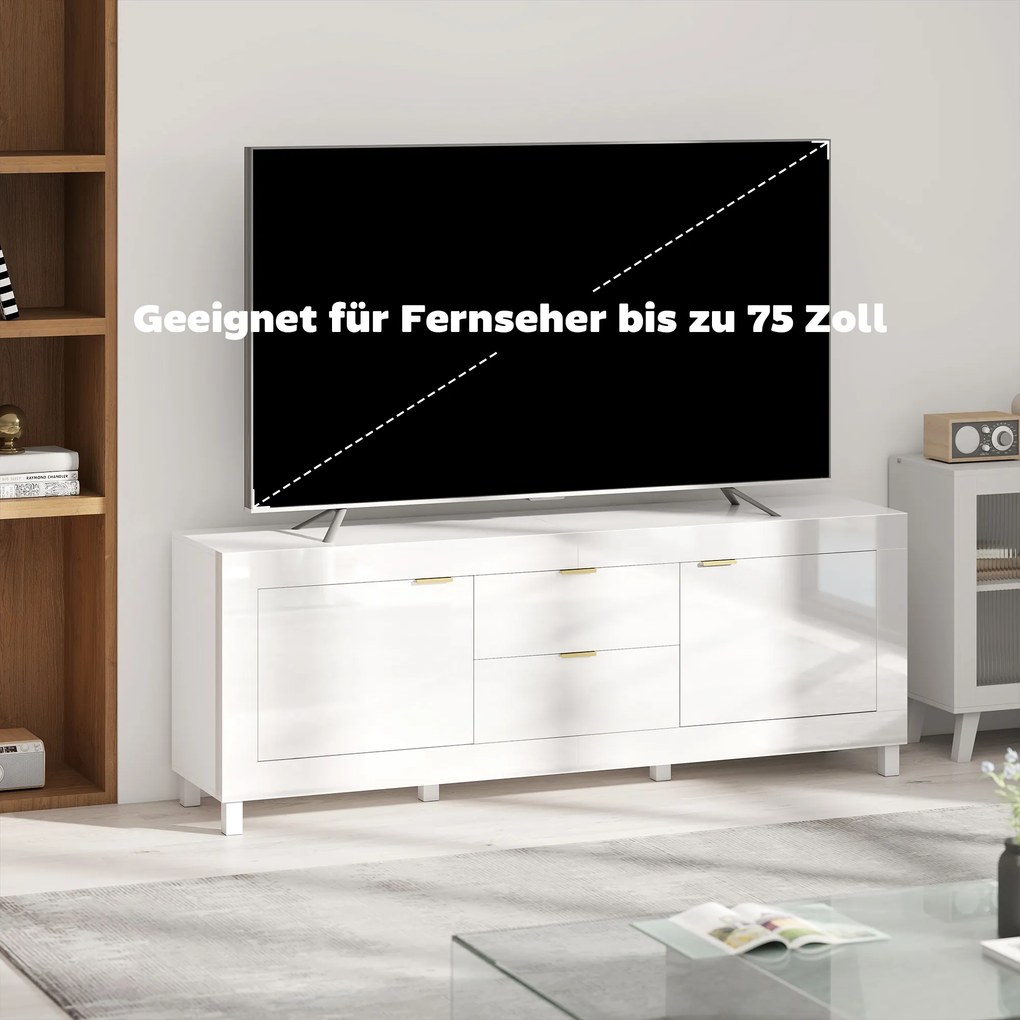 HOMCOM nízký TV stolek pro TV až do 75" – 180 × 40 × 66 cm, bílý vysoký lesk, 2 dvířka s tlumeným dovřením, kabelové vedení a 2 zásuvky