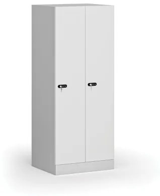 Šatní skříňka snížená, 2 oddíly, 1500 x 600 x 500 mm, mechanický kódový zámek, laminované dveře, bílá